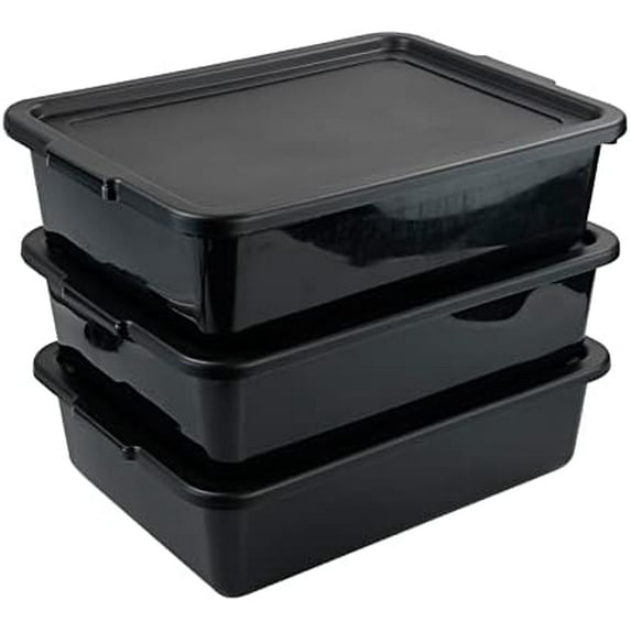 3-Pack Commercial Bus Box, 13 L Black Plastic Bus Tub with Lid ...