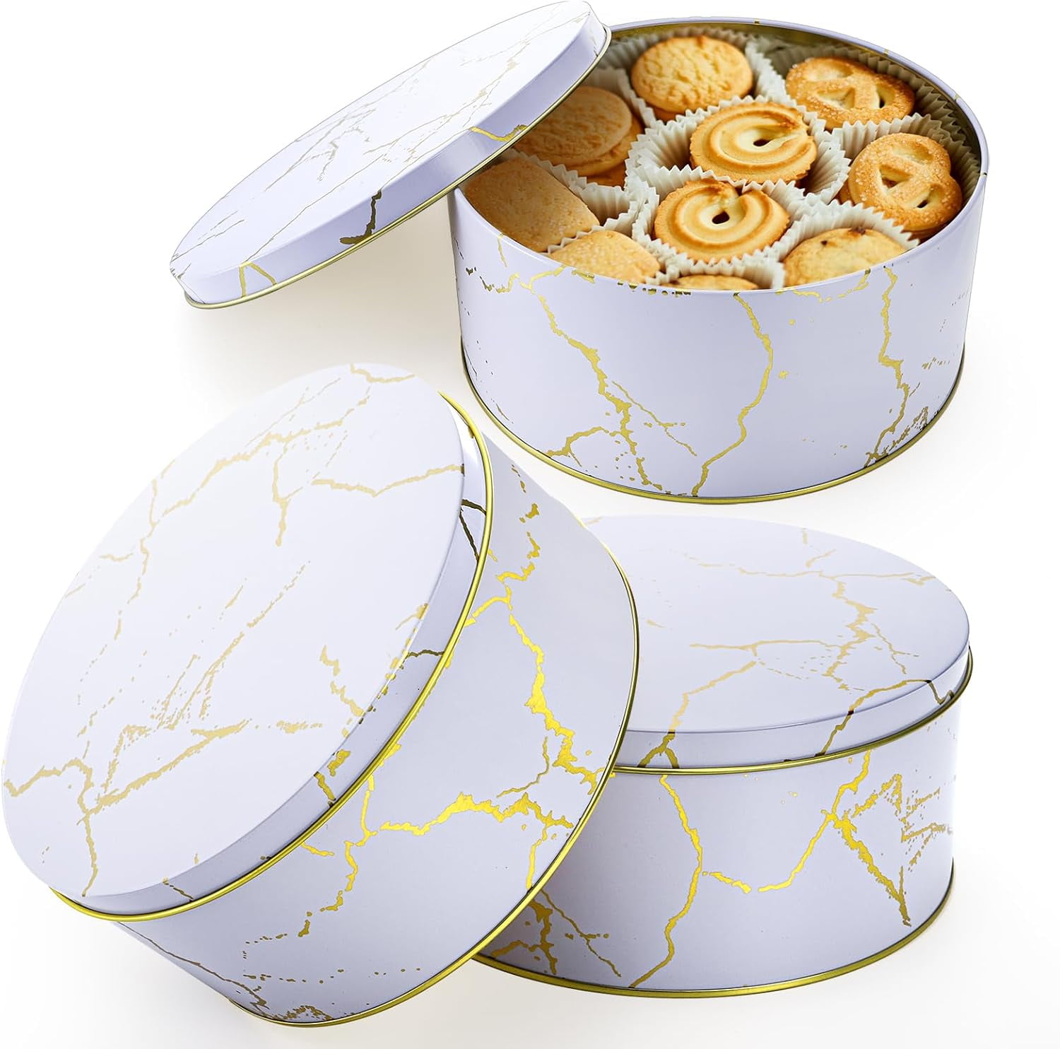 3 Pack Cookie Tins with Lids, Round Gift Boxes for Toffee, Marbled ...