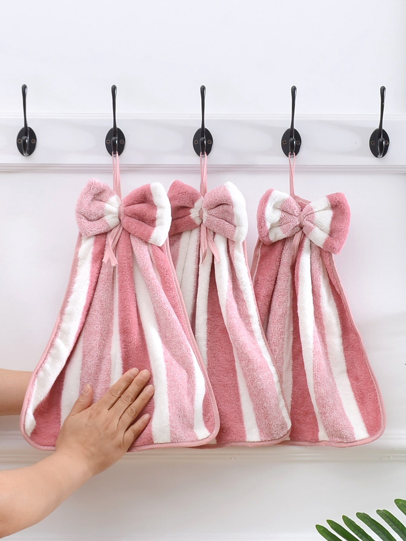 3-Pack Coral Fleece Striped Bow Hand Towels – Soft, Absorbent, with ...