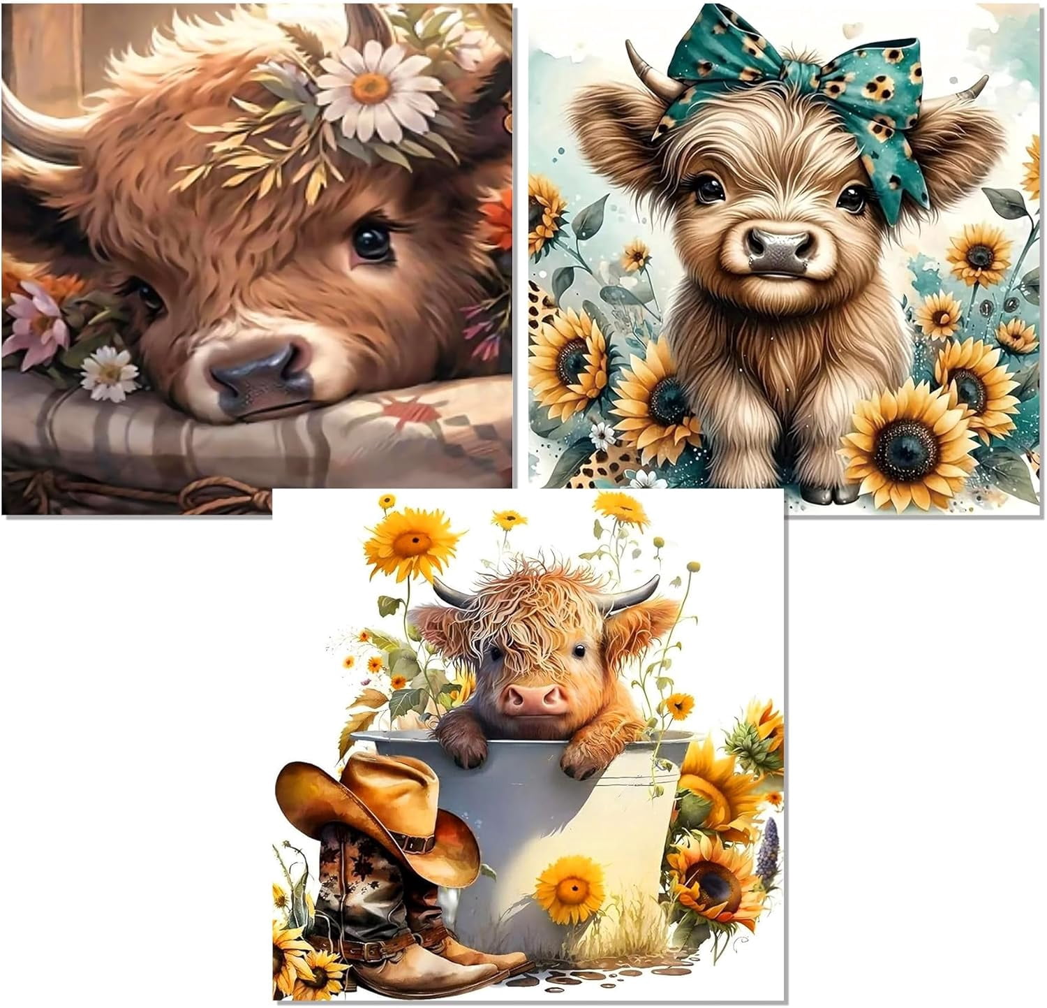 3 Pack Cow Diamond Art Kits for Adults, Highland Cow Diamond Painting ...