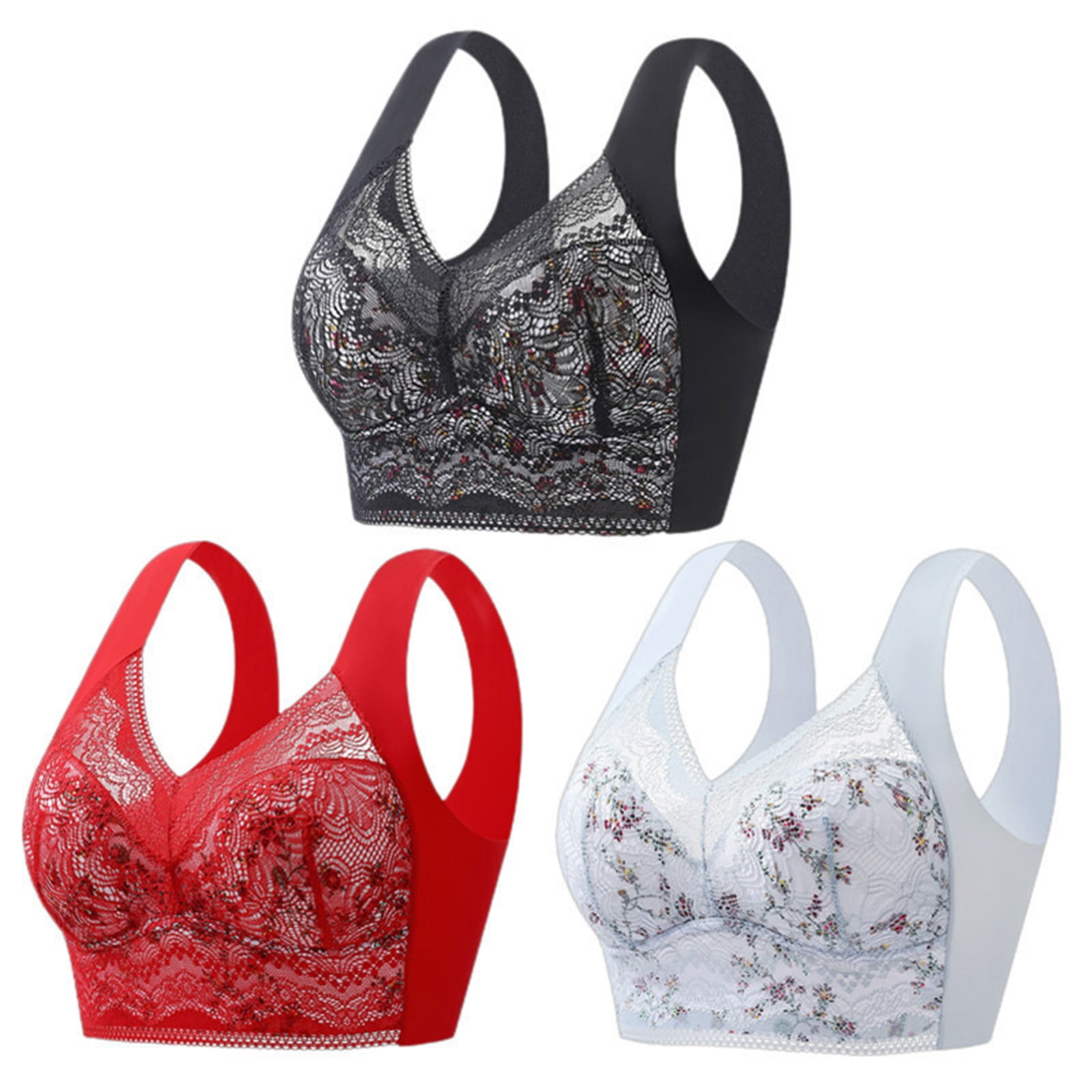 3 Pack Cozy Bra Comfort Wirefree Full Coverage Seamless Bra with Mesh Lace for Women Thin Pull ...