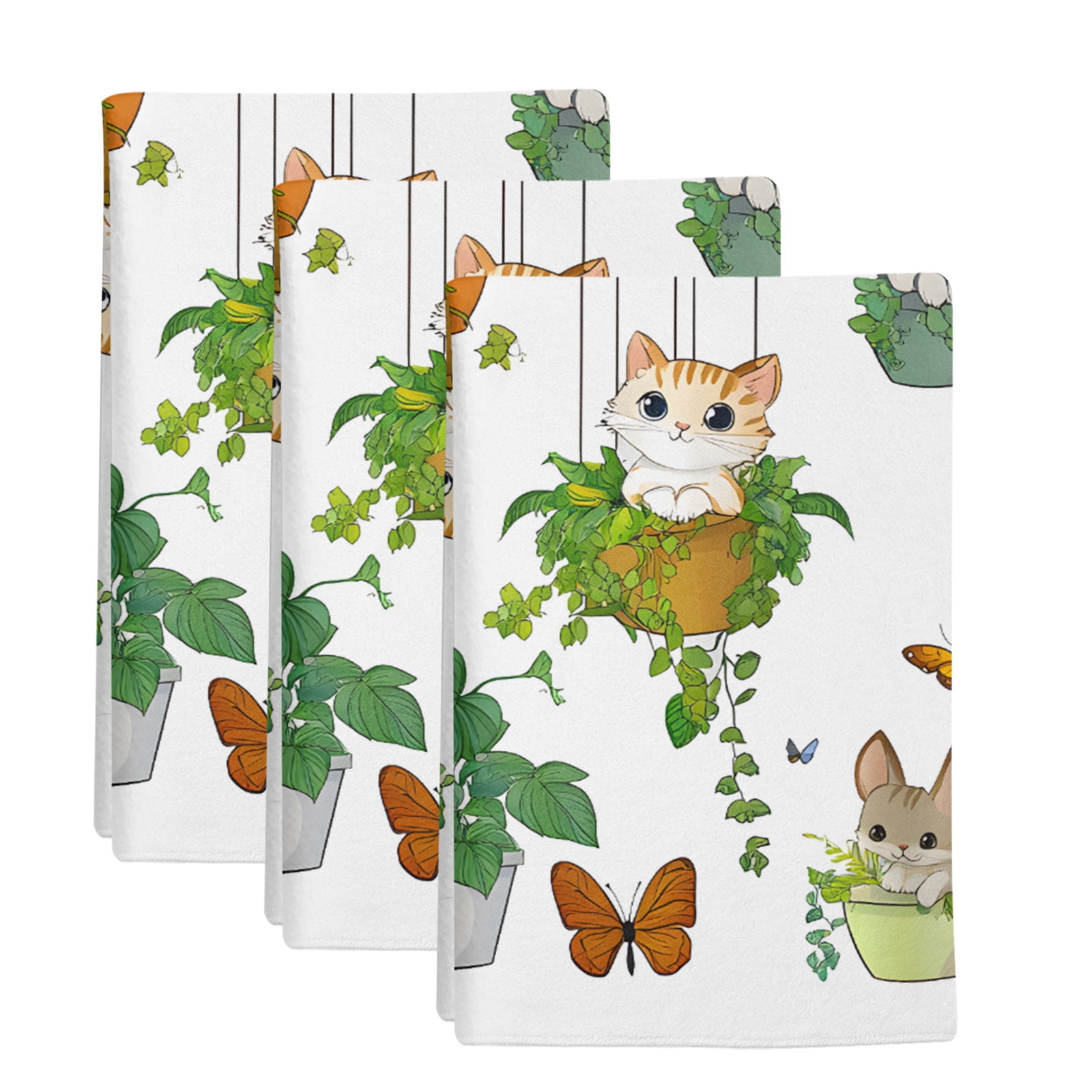 3 Pack Cute Cat Kitchen Towels Green Potted Plant Butterfly Botanical ...