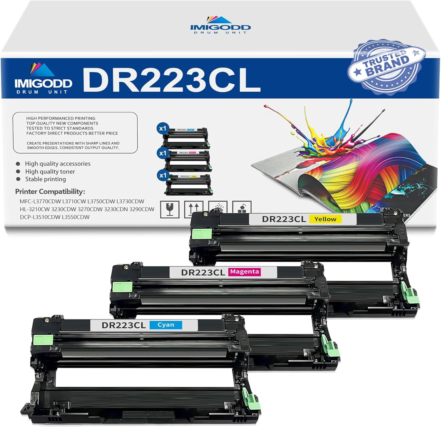 3-Pack DR223CL C/M/Y Drum Unit Replacement for Brother High Capacity ...