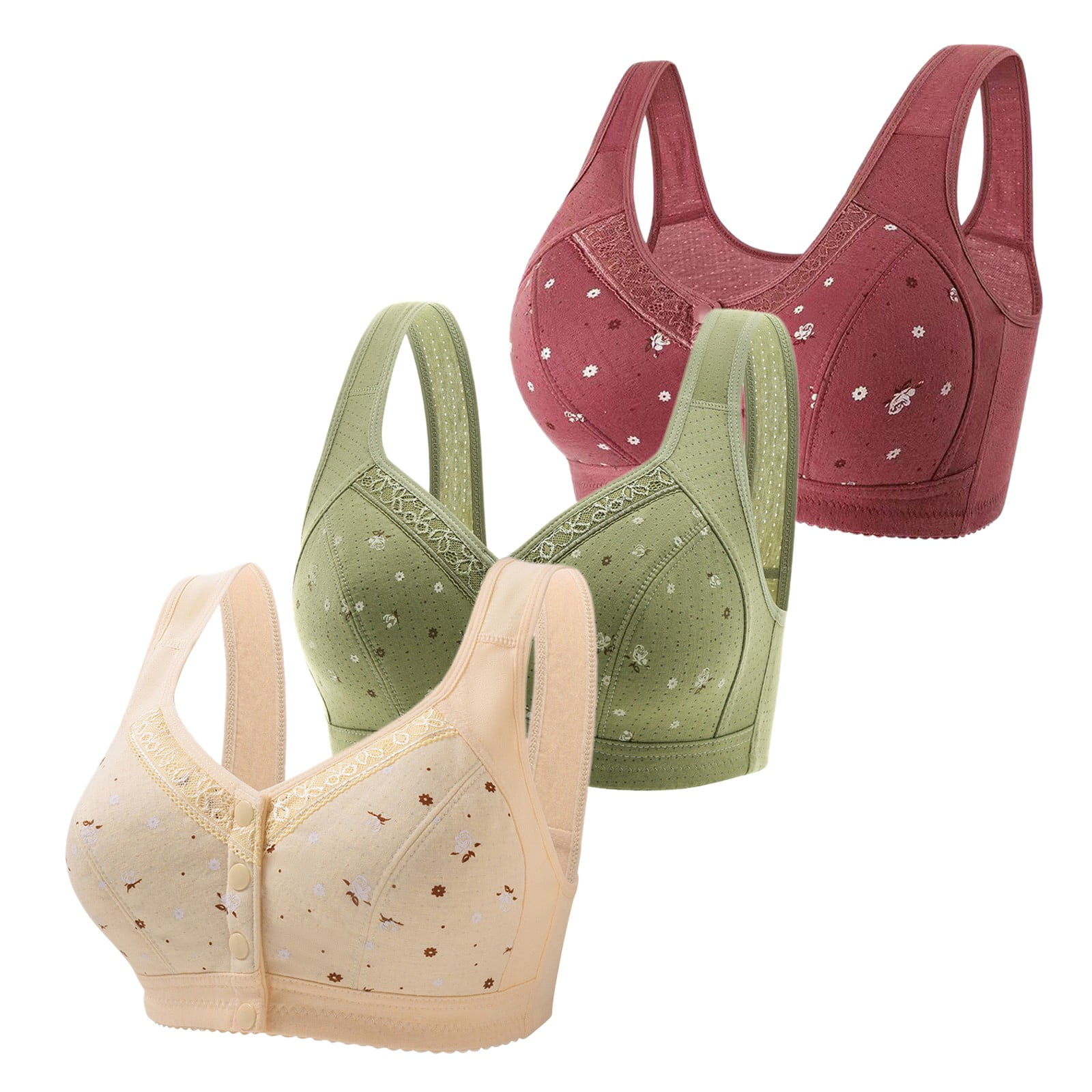 3 Pack Daisy Bra for Seniors Front Closure Cotton Front Button Snap Bra ...