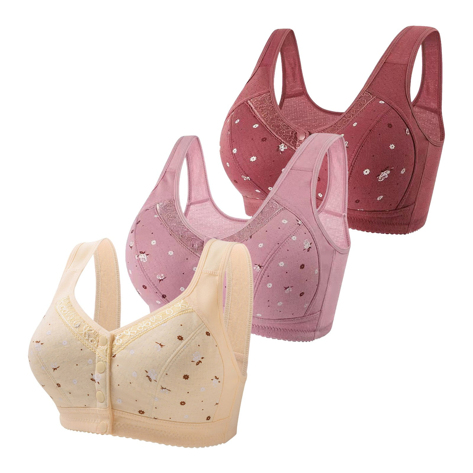 3 Pack Daisy Bras for Older Women Cotton Front Button Snap Bra Seniors ...
