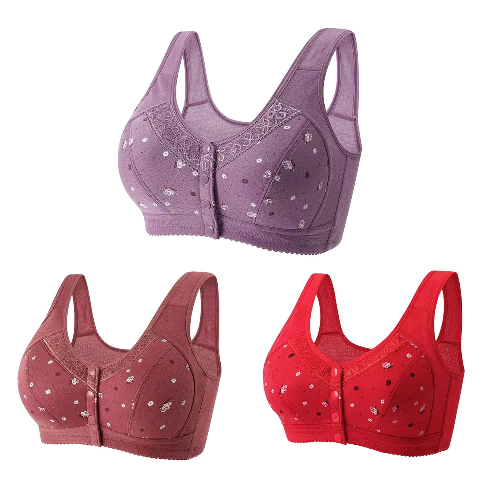 3 Pack Daisy Bras for Women Front Snaps Closure Wireless Cotton Bra ...