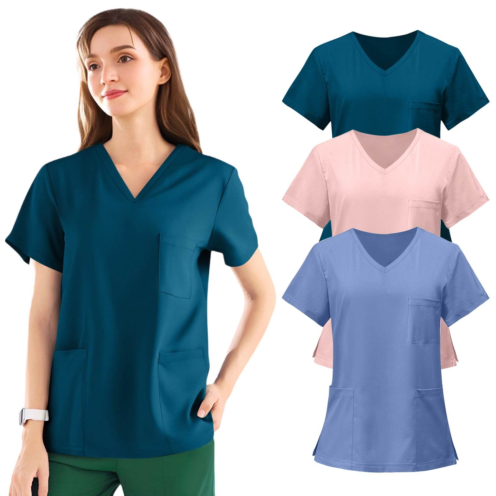 3 Pack Dark Blue Medical Scrub Tops for Women - Soft Stretch,Curved V ...