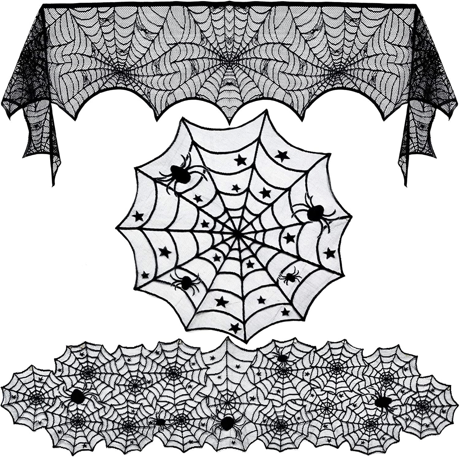3-Pack Decorations Set - Black Lace Round Spider Cobweb Table Cover ...