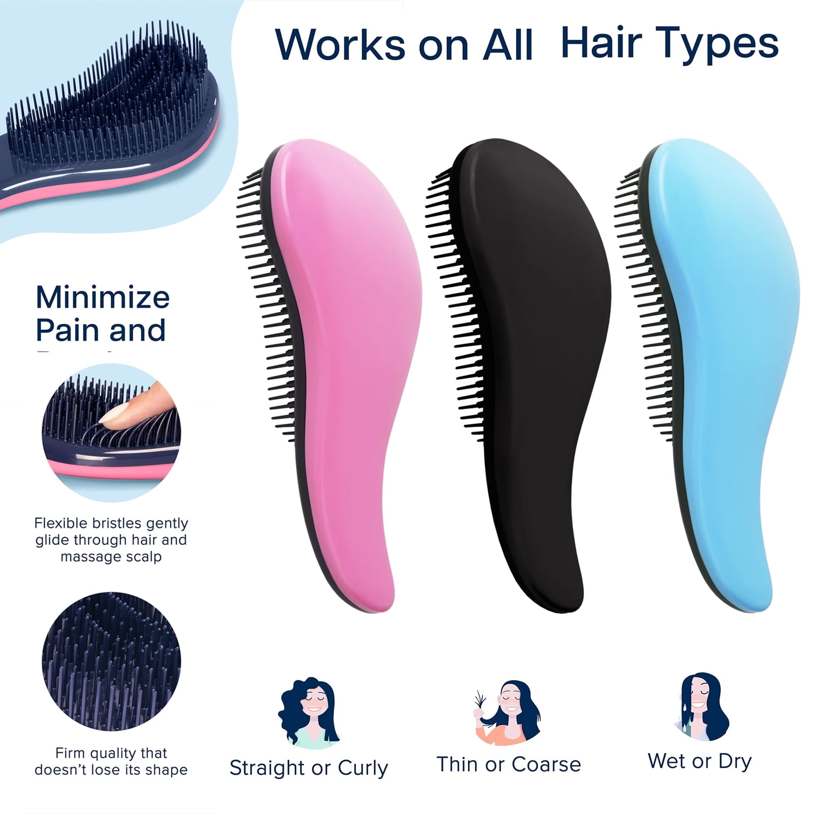 3 Pack Tangle-Free Wet/Dry Bristle Detangling Brushes for Women, Men ...