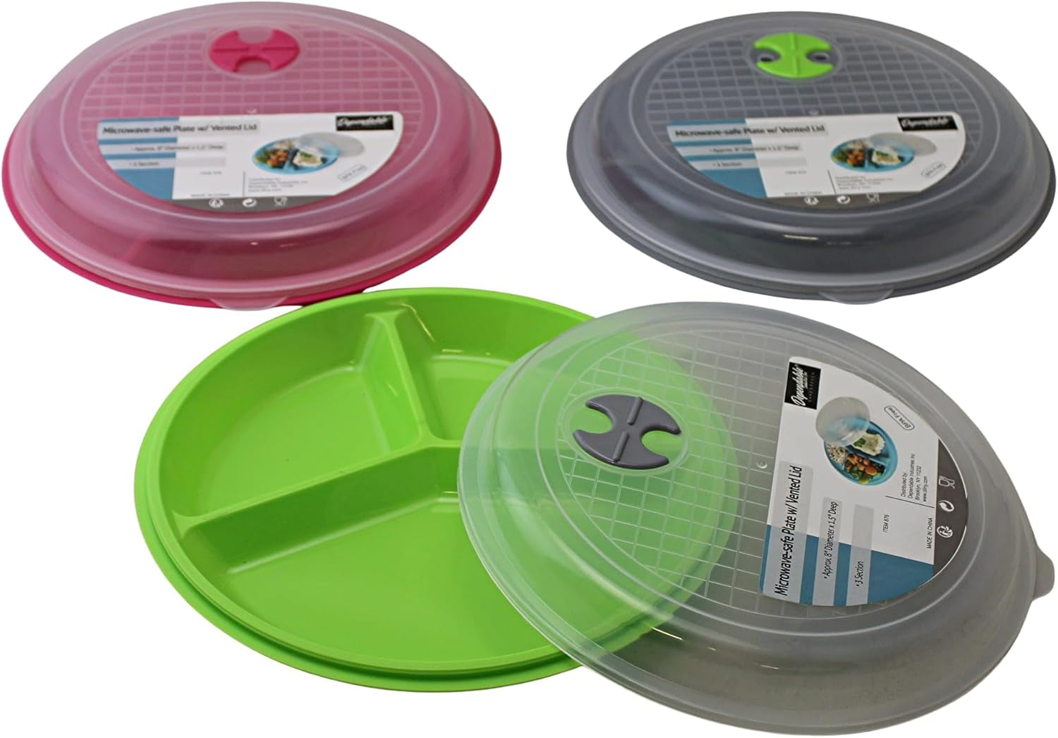 3-Pack Divided Microwave Plates with Vented Lids – 8.75” x 8.75” – Meal ...