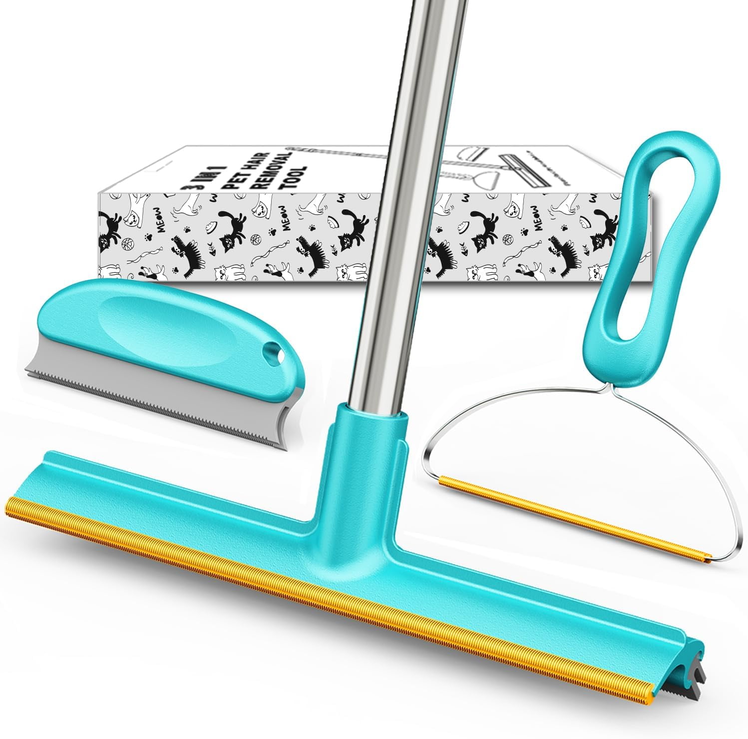 3 Pack Dog Cat Fur Remover Rubber Broom, Stainless Steel Long Handle ...