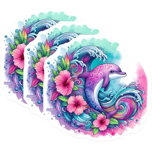 (3 Pack) Dolphin Decals - Tropical Flowers - Laptop Decal - 3 Inches On ...