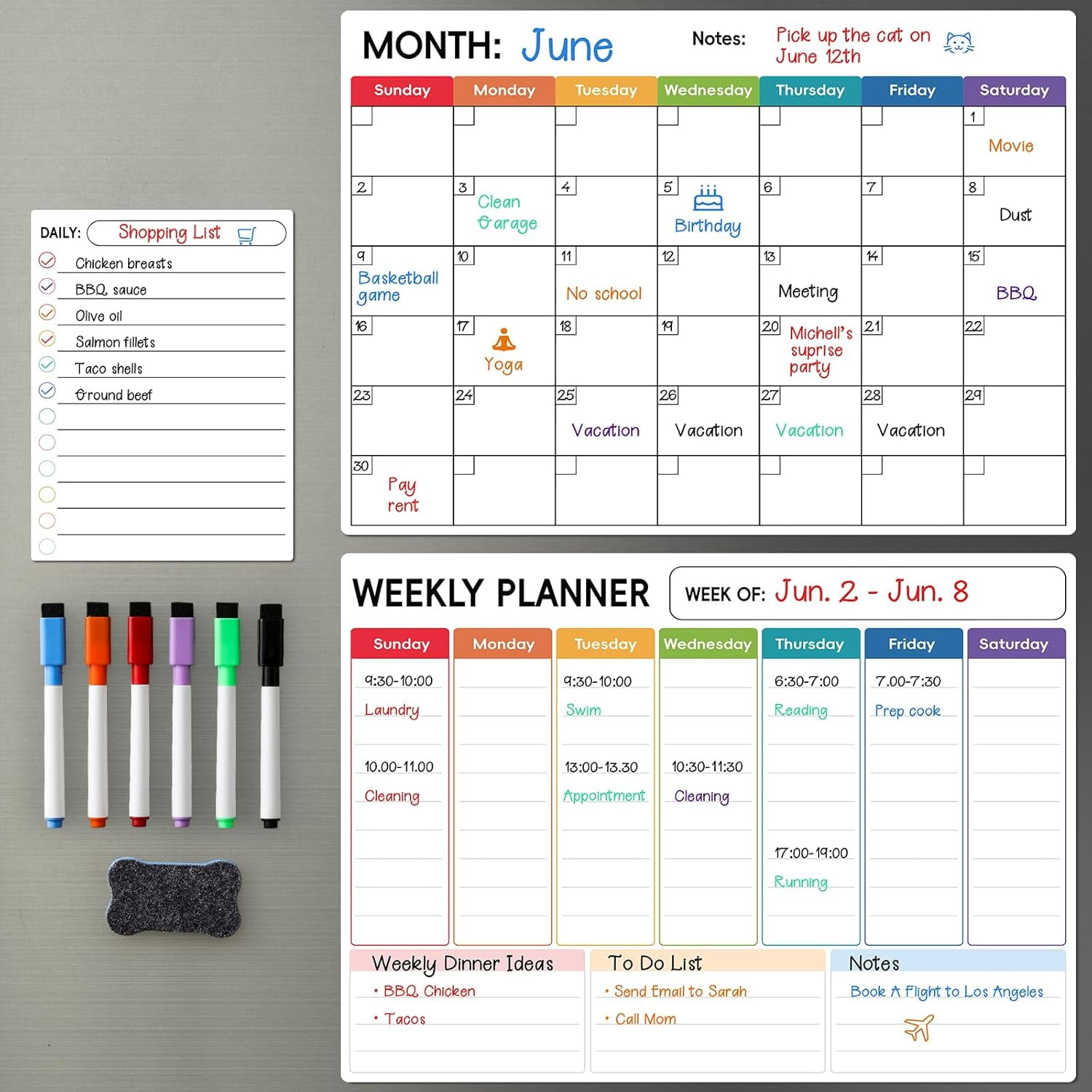3 Pack Dry Erase Magnetic Calendar for Refrigerator - Monthly, Weekly ...