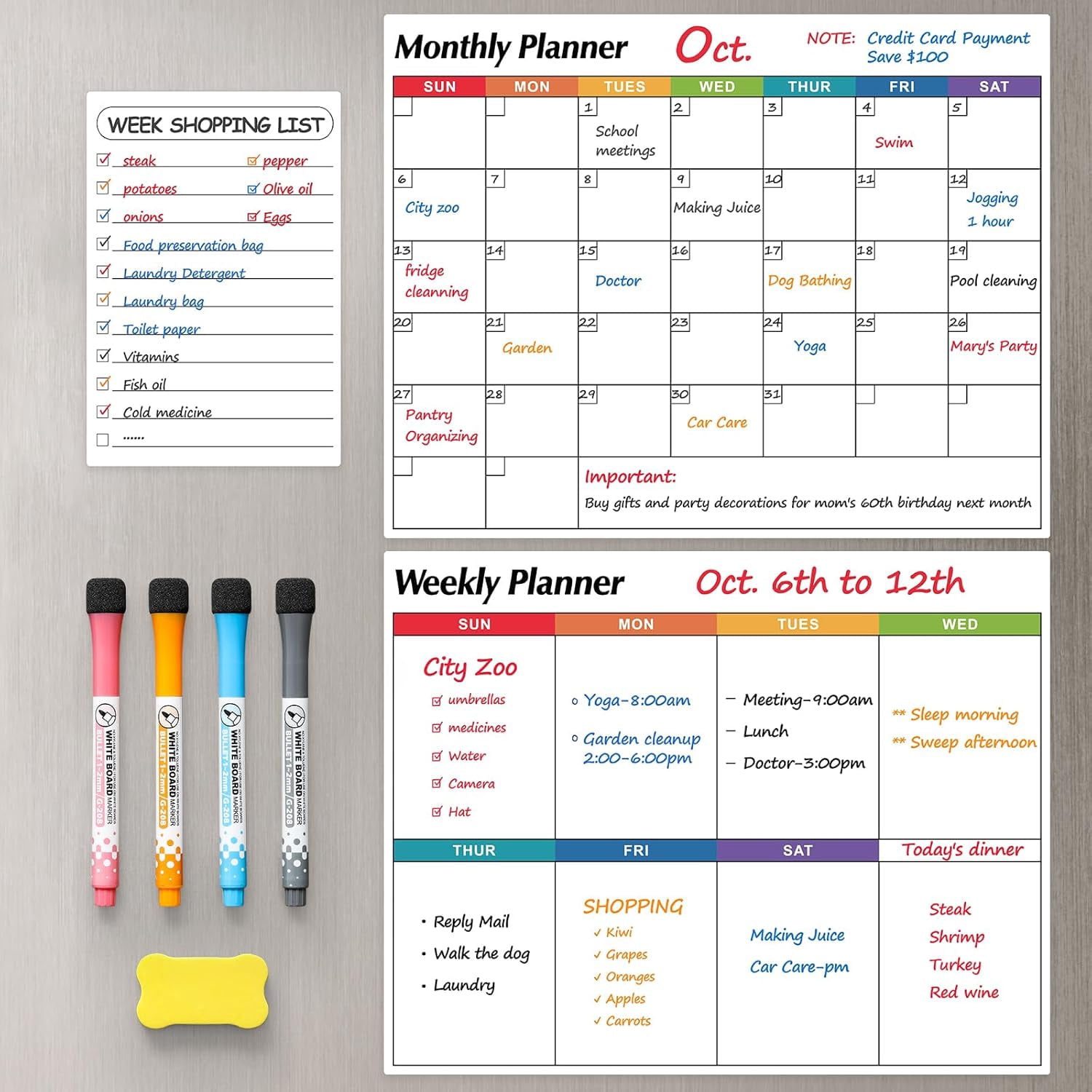 3 Pack Dry Erase Magnetic Calendar for Refrigerator- Monthly & Weekly ...