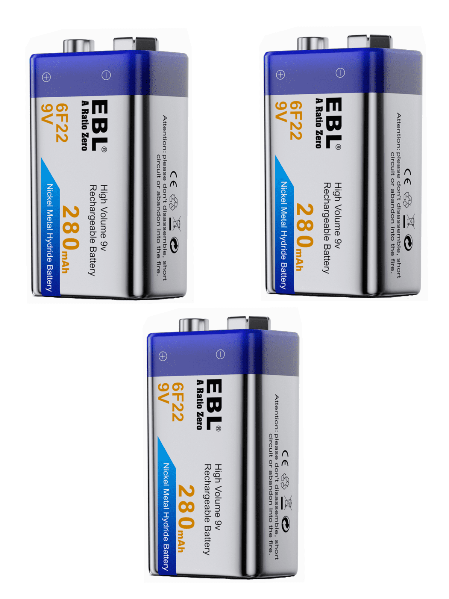 3 Pack EBL 280mAh 9V 6F22 Ni-MH Battery Rechargeable Batteries 9 Volt Battery - Walmart.com