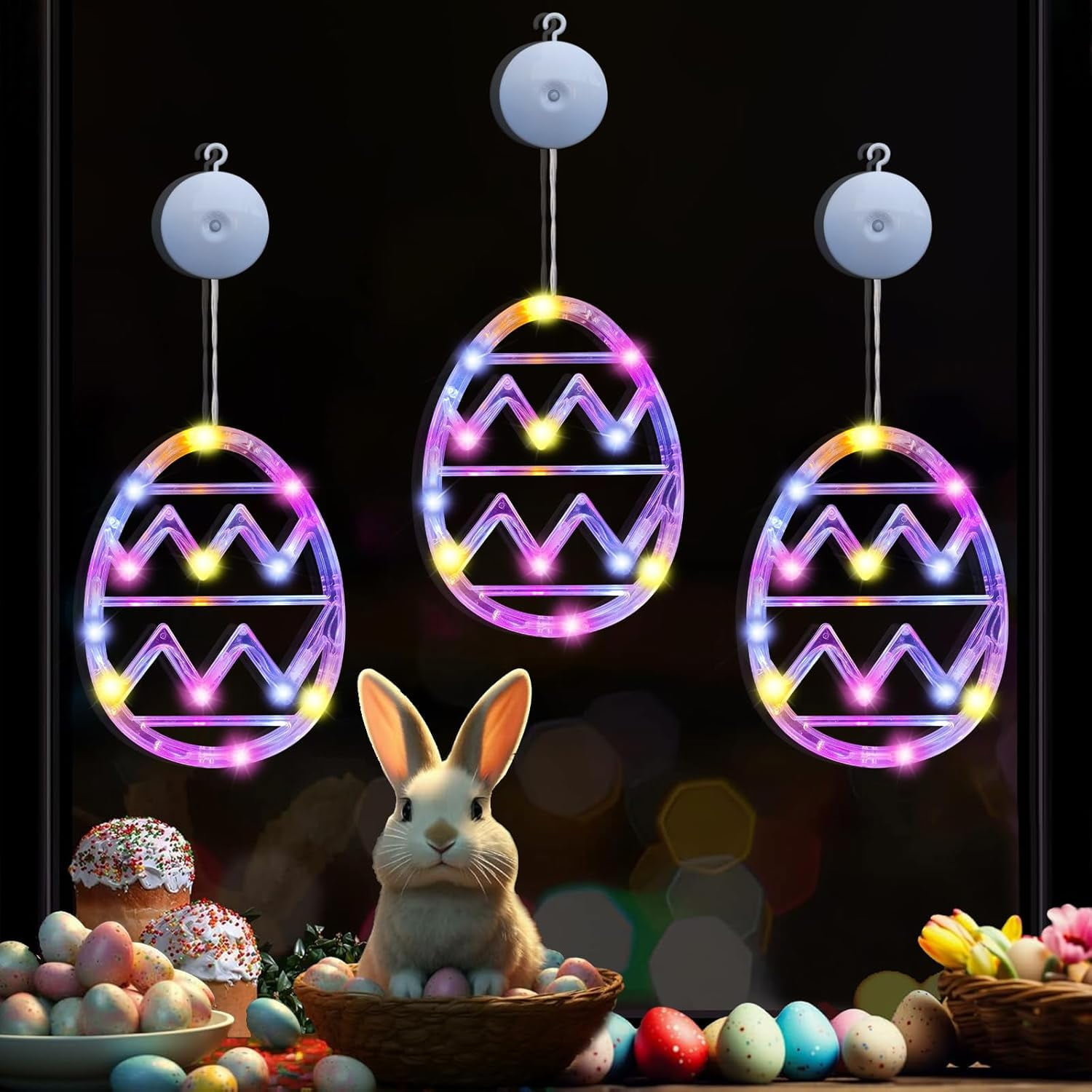 3 Pack Easter Window Lights Hanging Decorations Yellow Blue Pink Easter ...