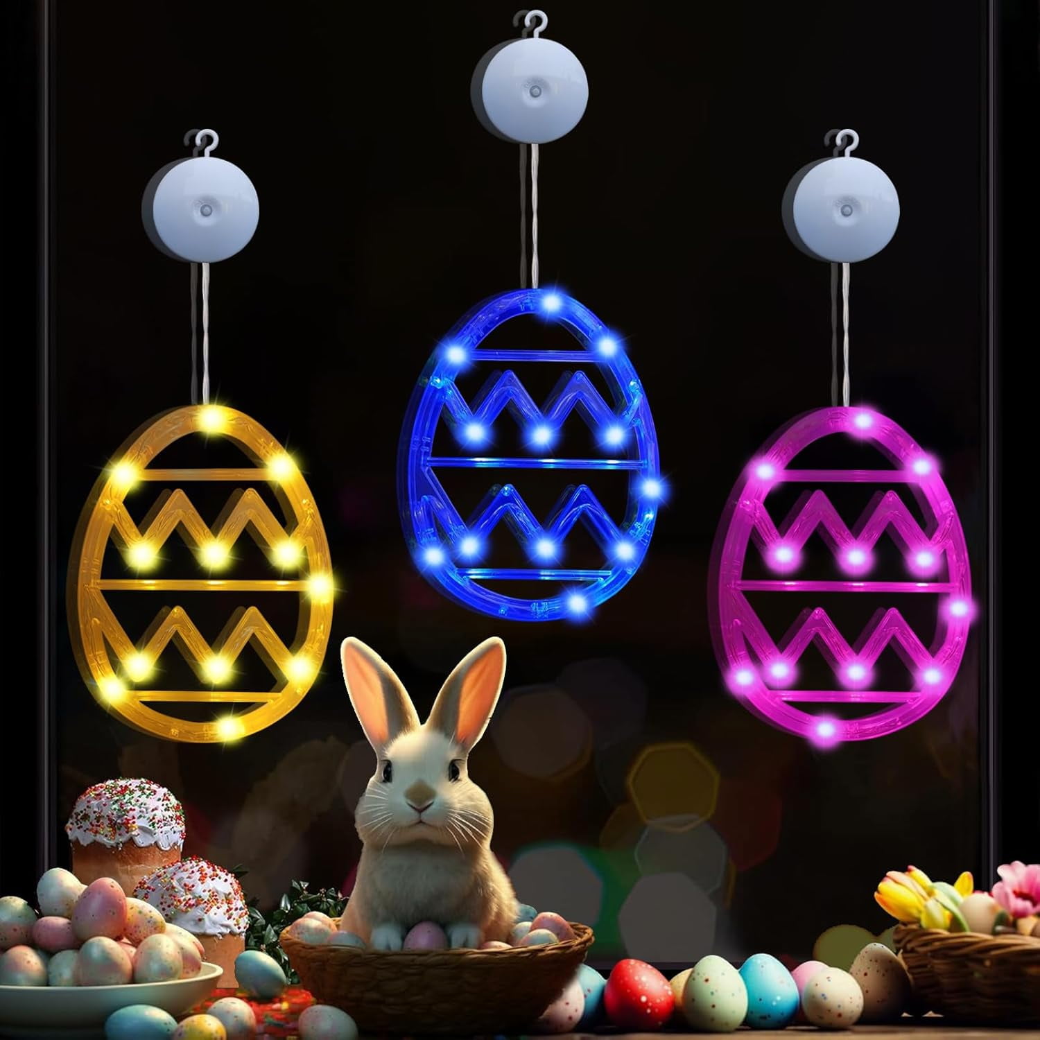 3 Pack Easter Window Lights Hanging Decorations Yellow Blue Pink Easter ...