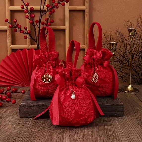 3-Pack Elegant Red Drawstring Gift Bags with Joyful Characters ...