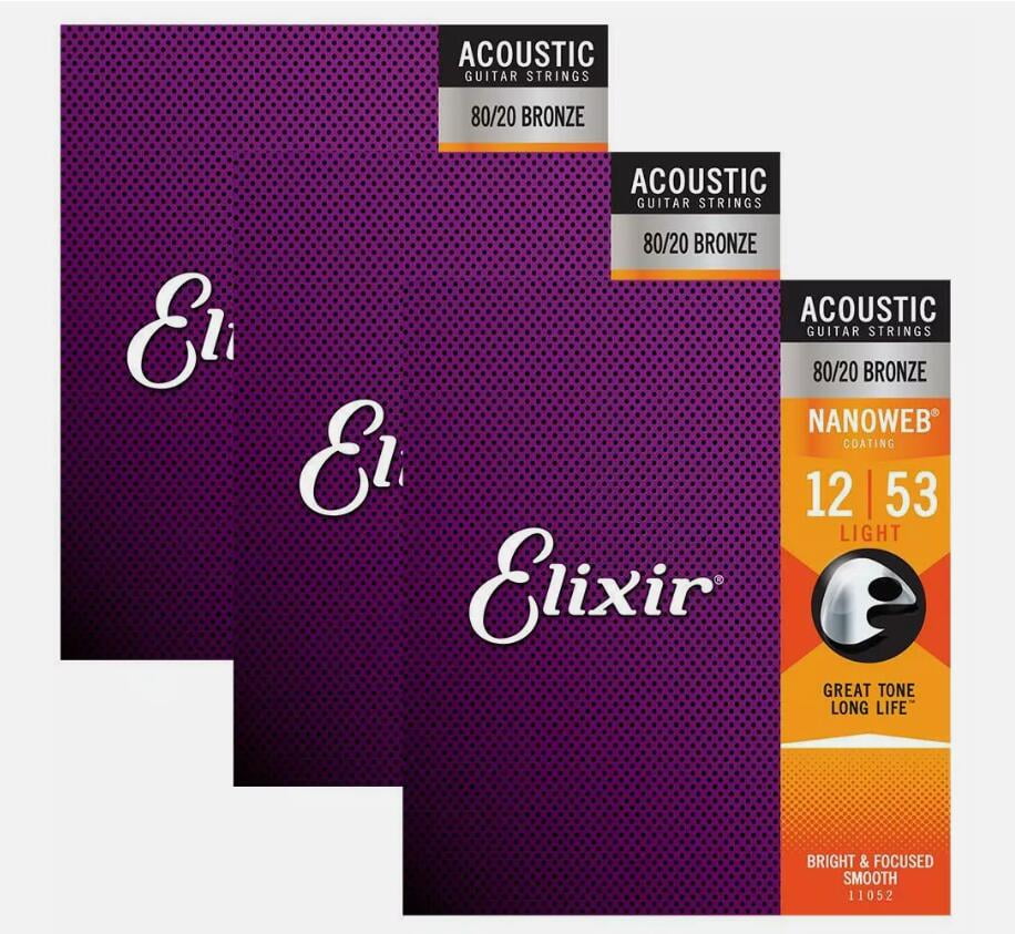 3 Pack! Elixir Light 12-53 Acoustic 80/20 Bronze Strings Nanoweb 11052 ...