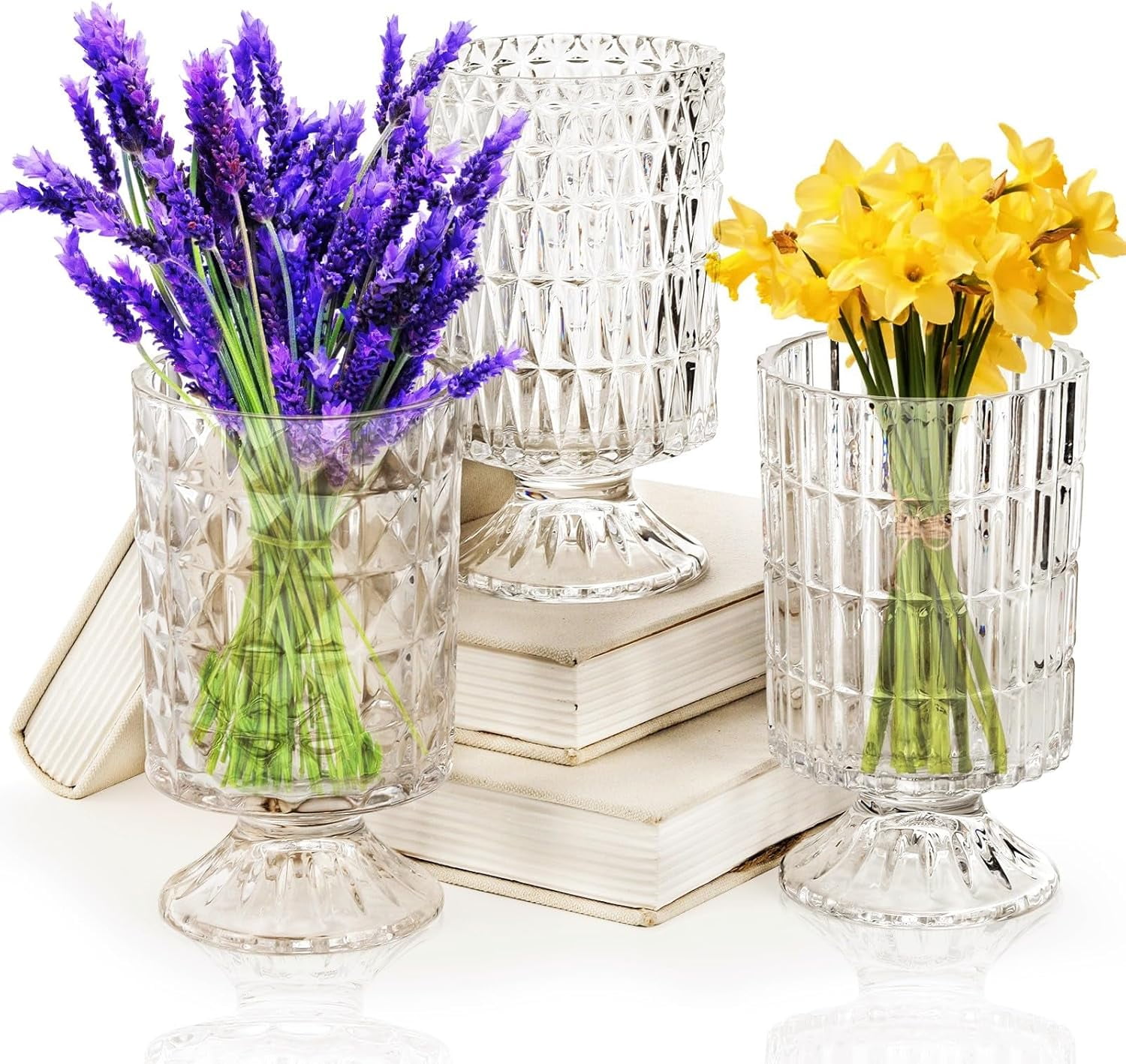 3 Pack Embossed Big Base Vase, 7" Crystal Glass Vase, Hydroponic Green ...
