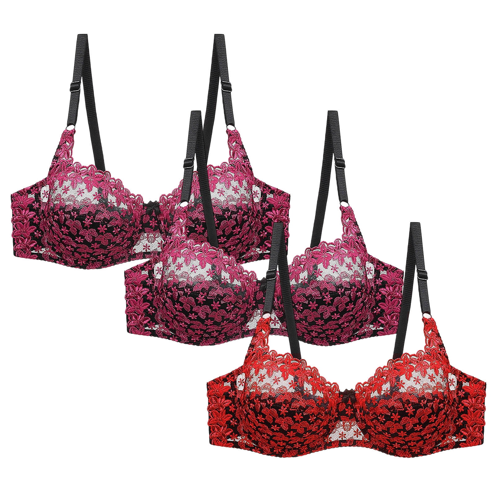 3-Pack Embroidered Lace Underwire Bras for Women Summer Thin Full ...