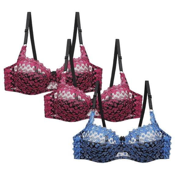 3-Pack Embroidered Lace Underwire Bras for Women Summer Thin Full ...
