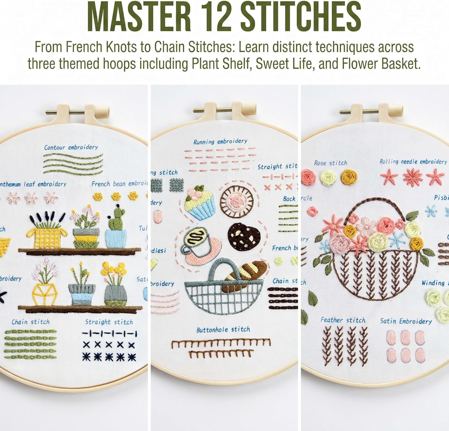 3 Pack Embroidery Kit for Adults Beginners, Pre‑Stamped Potted Plant ...