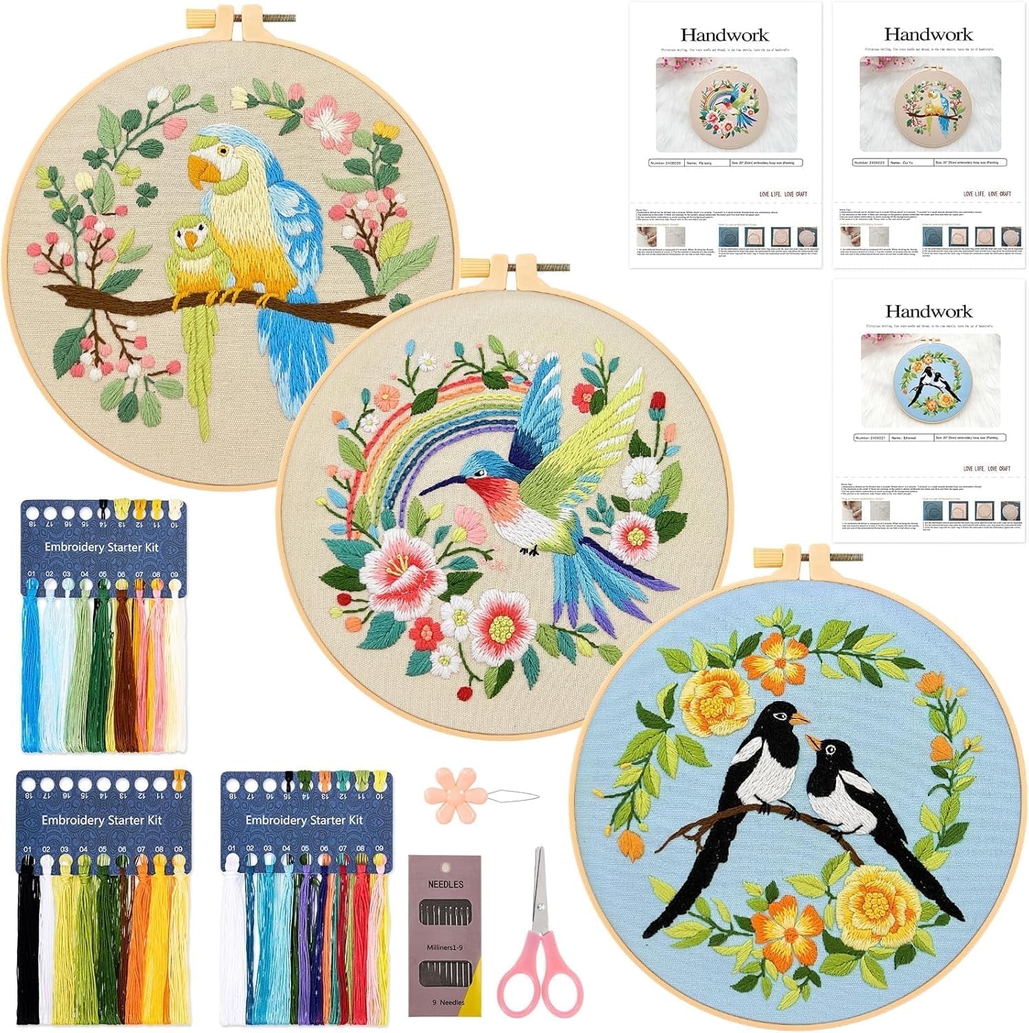 3 Pack Embroidery Kit for Beginners, Sewing Cross Stitch Starter Set ...