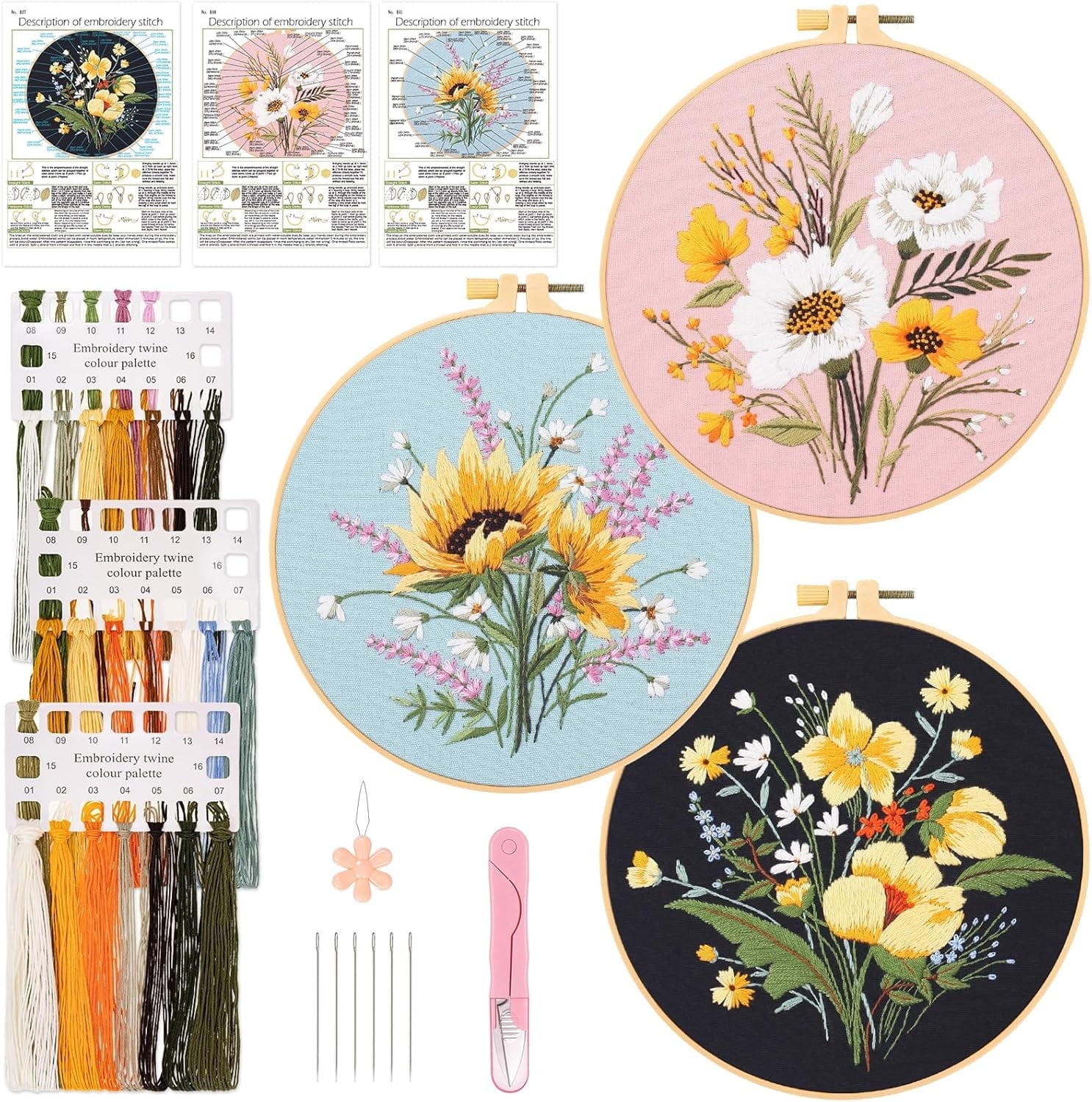 3 Pack Embroidery Kit for Beginners, Sewing Cross Stitch Starter Set ...