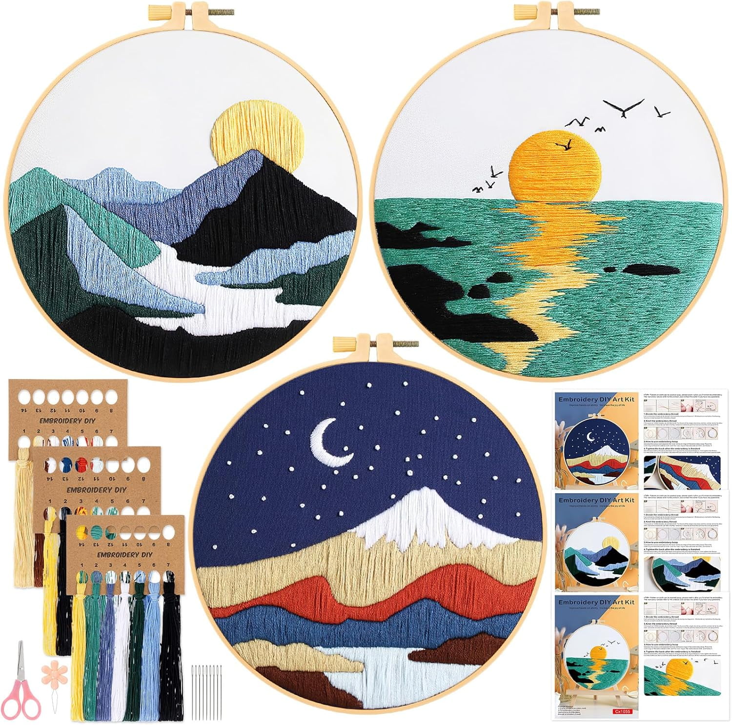 3 Pack Embroidery Kit for Beginners, Sewing Cross Stitch Starter Set ...