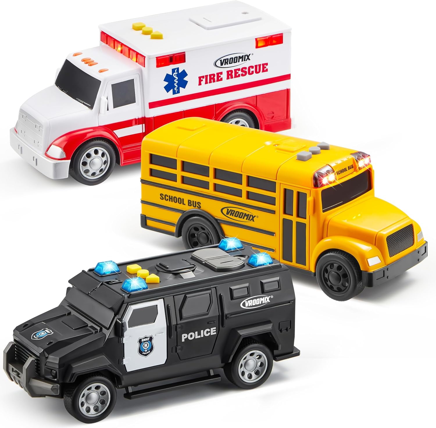 3-Pack Emergency and School Vehicle Toy Set – Friction Powered Police ...