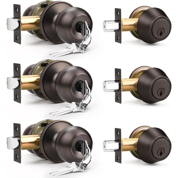3 Pack Entry Door Locksets with Single Cylinder Deadbolt, Oil Rubbed ...