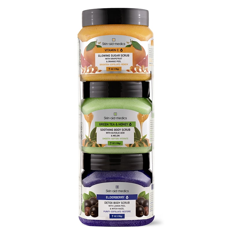3 Pack Exfoliating Body Scrub Set - Elderberry, Green Tea + Honey ...
