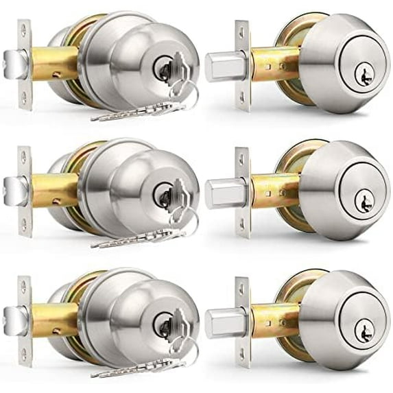 3 Pack Exterior Door Knob and Single Cylinder Deadbolt Lock Combo Set ...