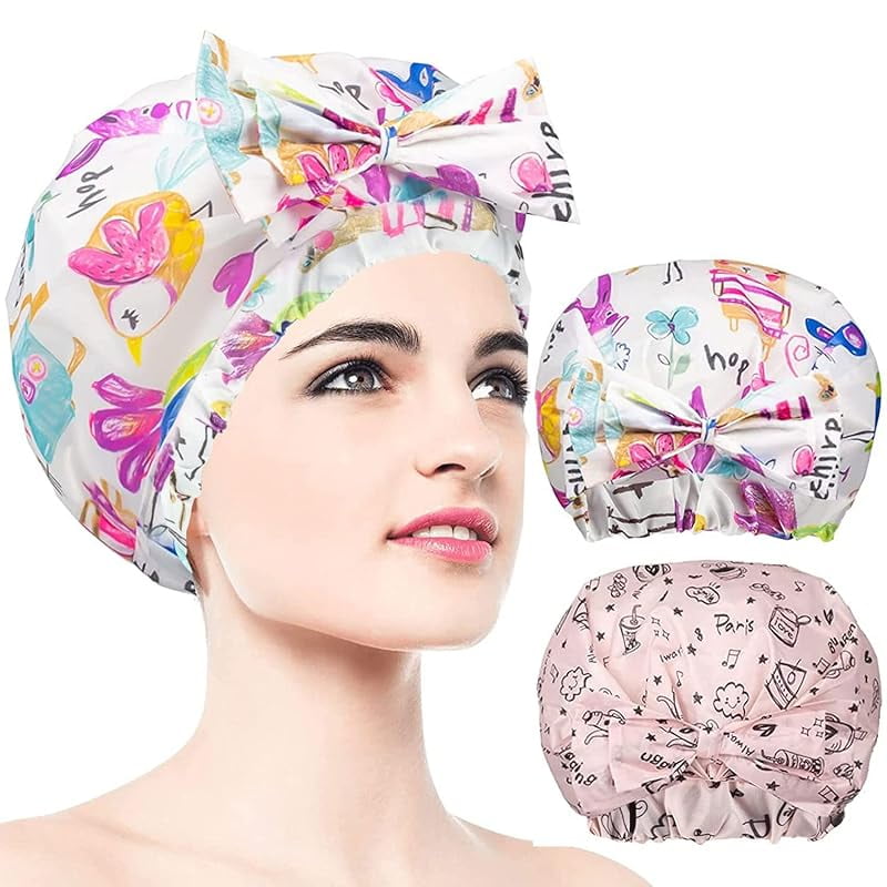 3 Pack Extra Large Double Layer Adjustable Shower Caps for Women, Waterproof Exterior & EVA ...