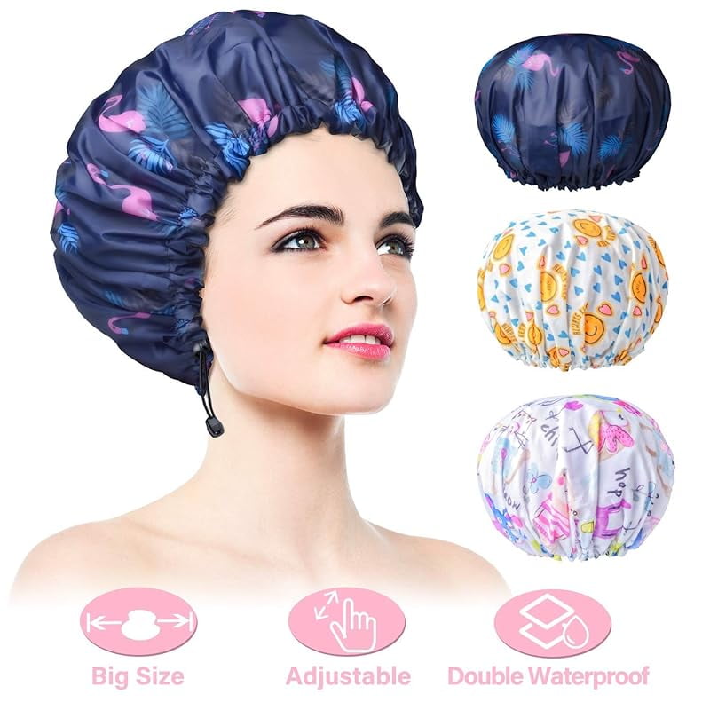 3 Pack Extra Large Double Layer Adjustable Shower Caps for Women ...