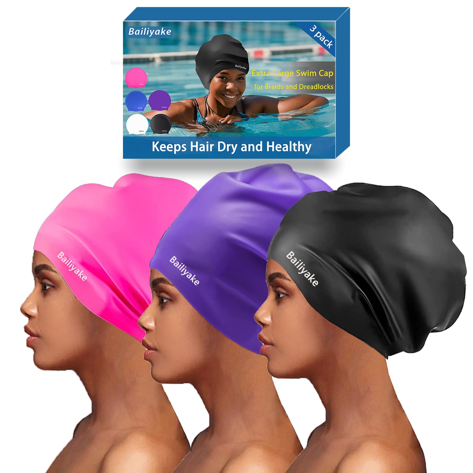 3 Pack Extra Large Swim Cap for Braids & Dreadlocks - Waterproof ...