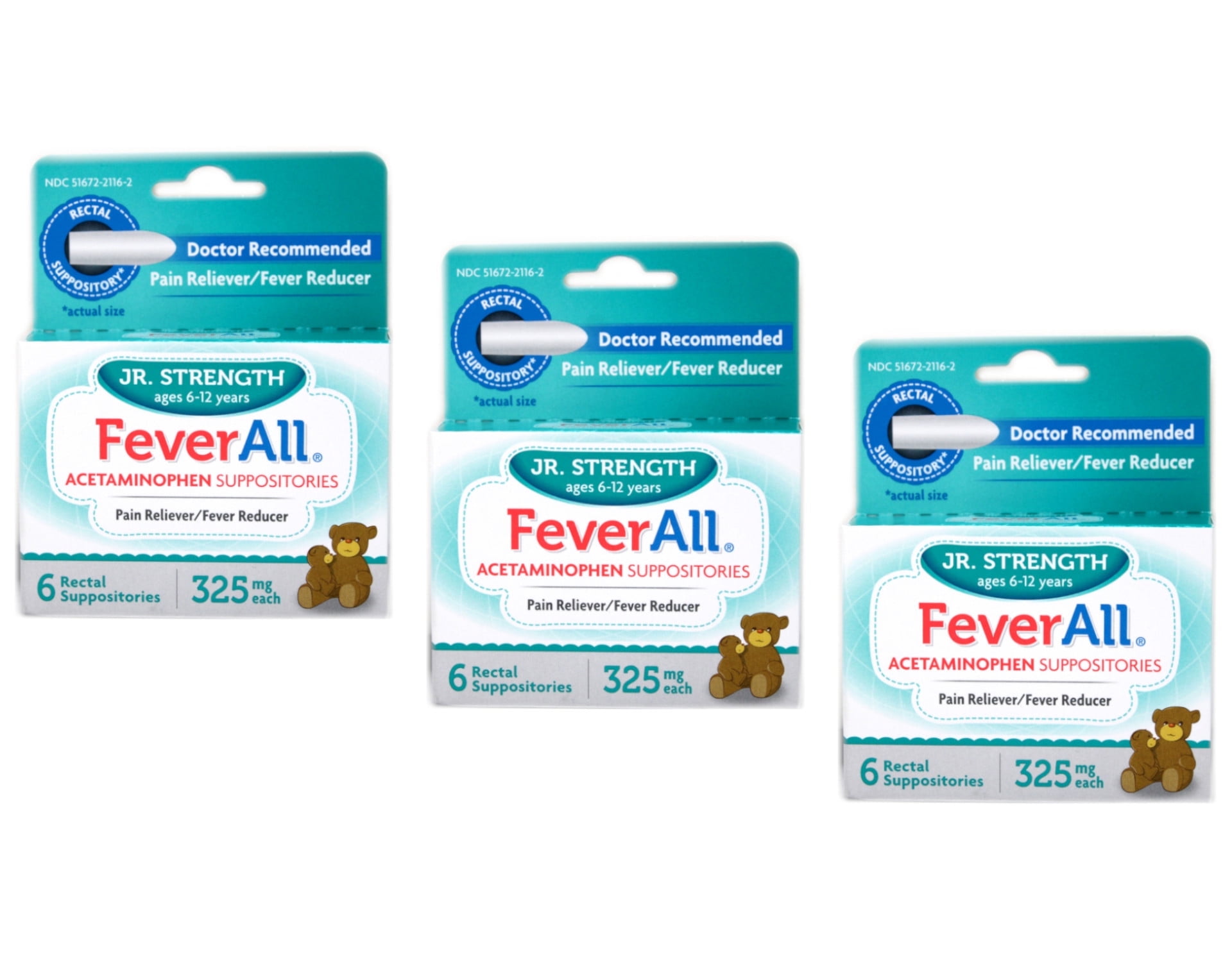 FeverAll Jr Strength Suppositories, 325mg Acetaminophen, 3 Pack, 6 ...