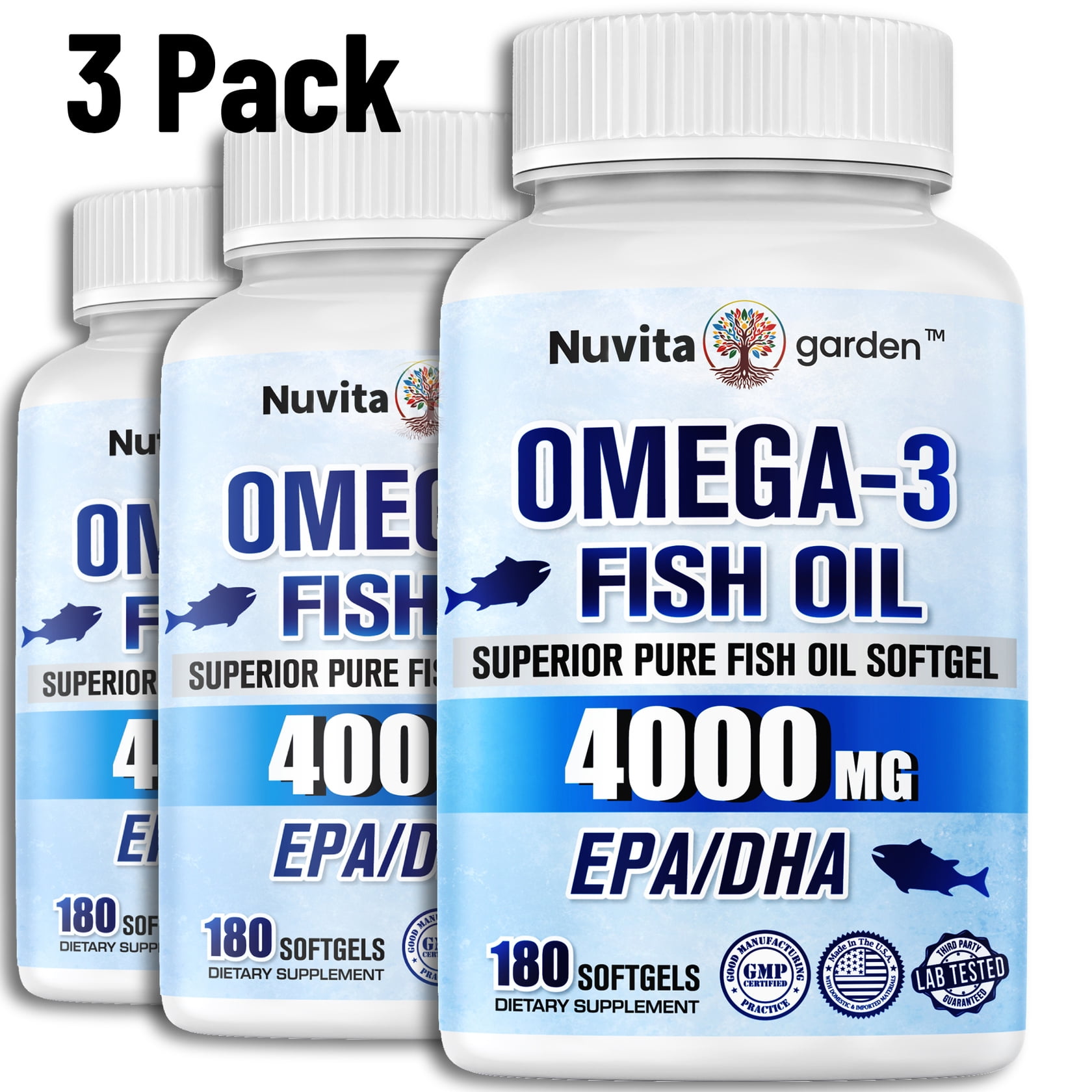 (3 Pack) Fish Oil 4000mg Per Serving Softgels, Omega 3 Fish Oil ...