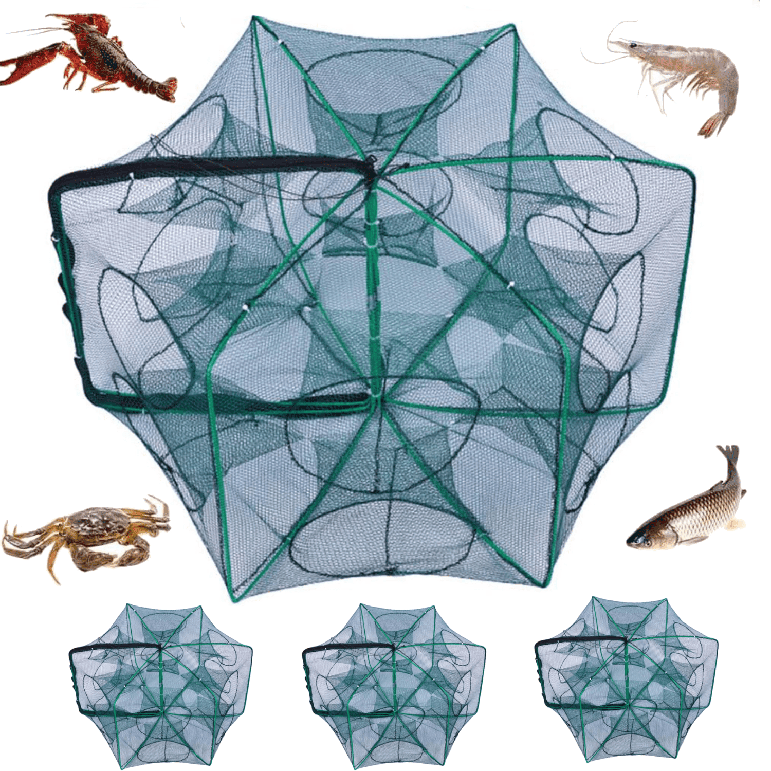 3 Pack Fishing Bait Trap,12 Holes Crab Trap,Foldable Fishing Net Trap ...