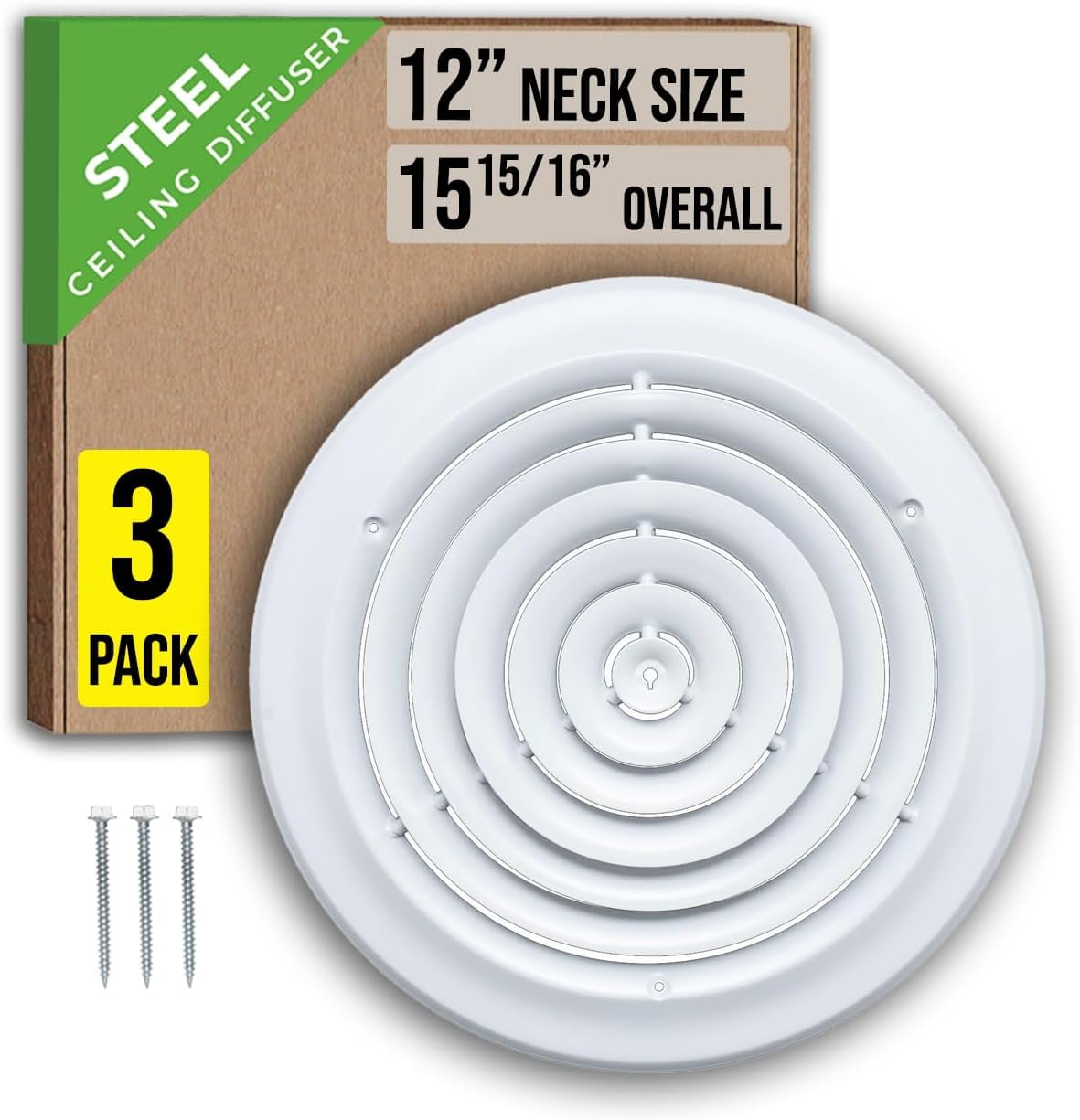 [3 Pack] Fits 12 Inch Neck Air Duct | Steel Round Air Supply Diffuser ...