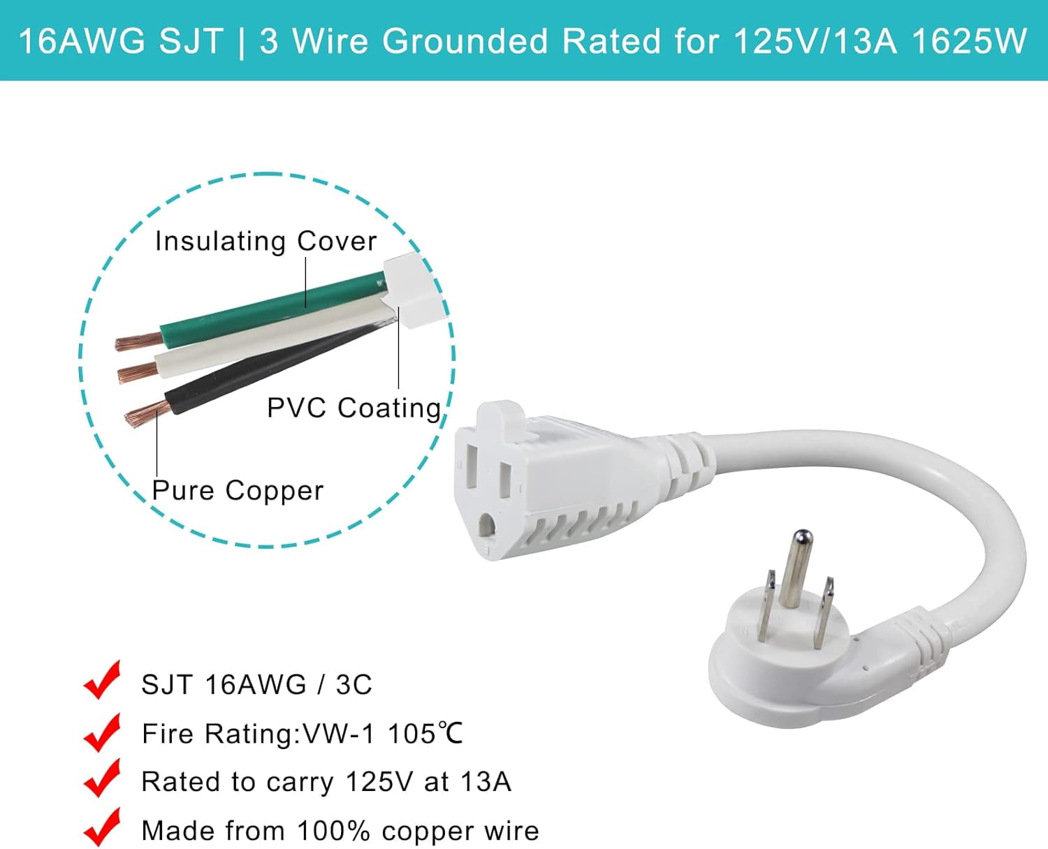 [3 Pack] Flat Wall Plug Short Power Extension Cord - 6Inch Mini White ...