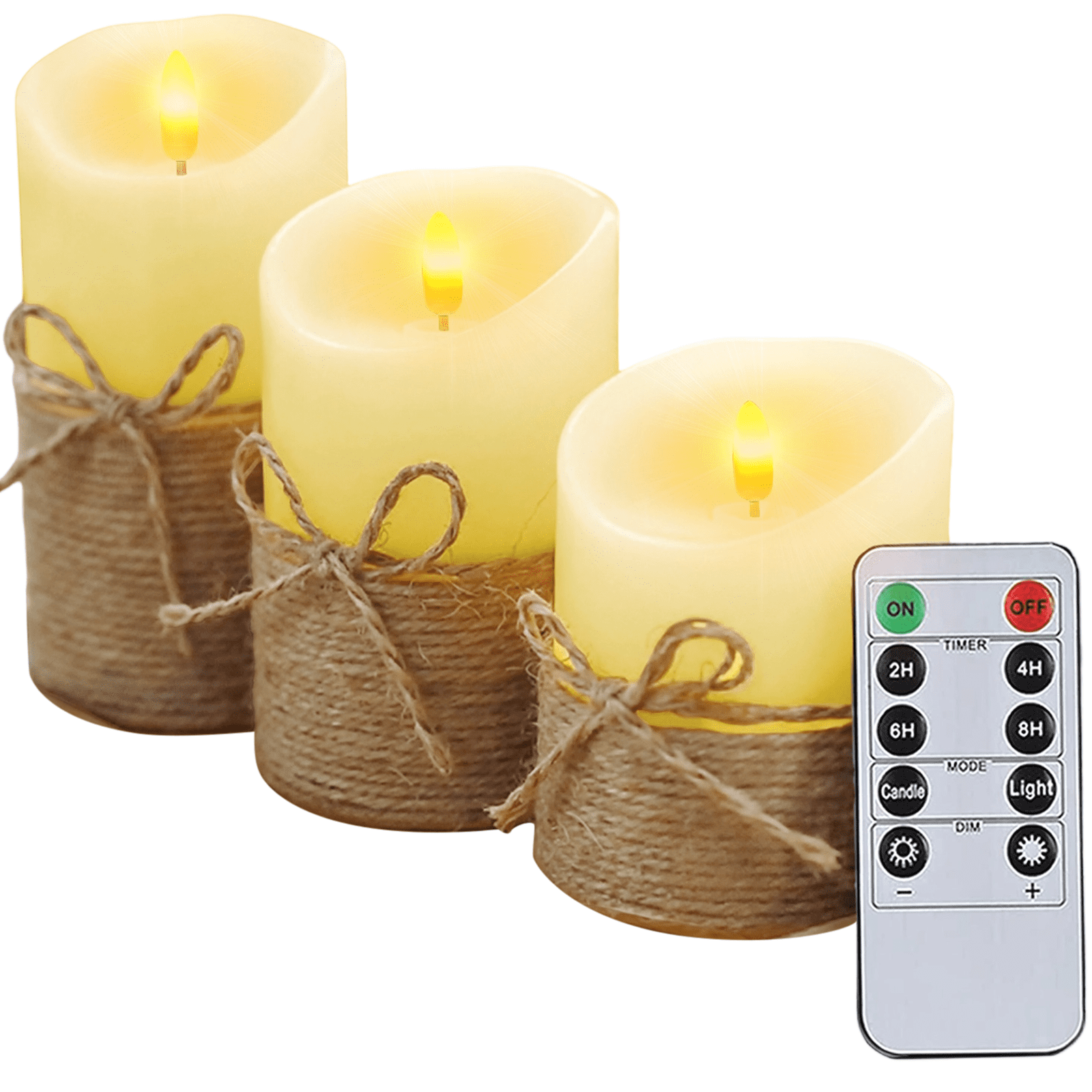 HIDAWN Hemp Rope Flameless Candles Flickering with Remote and Timer,3D ...