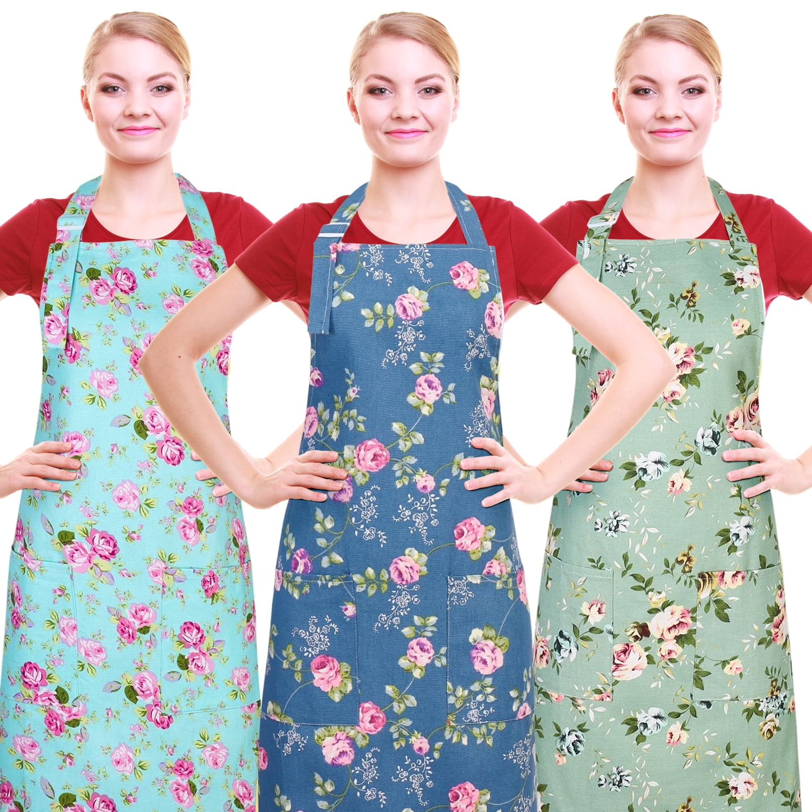 3 Pack Floral Aprons for Women, Adjustable Kitchen Aprons with 2 ...