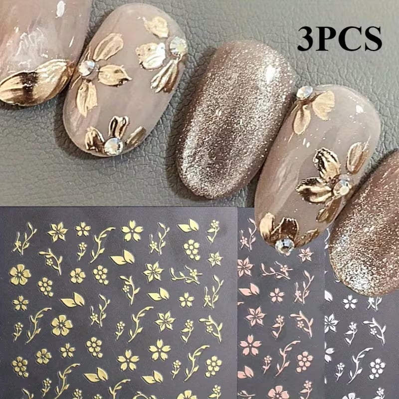 3-Pack Floral Pattern Nail Art Stickers - Gold and Silver Rose Self ...