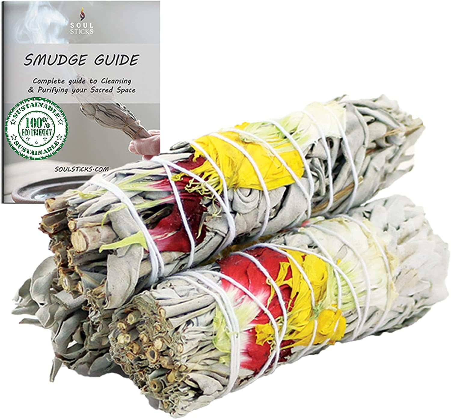 3 Pack Floral White Sage Smudge Sticks with Smudging Guide | HARMONY ...