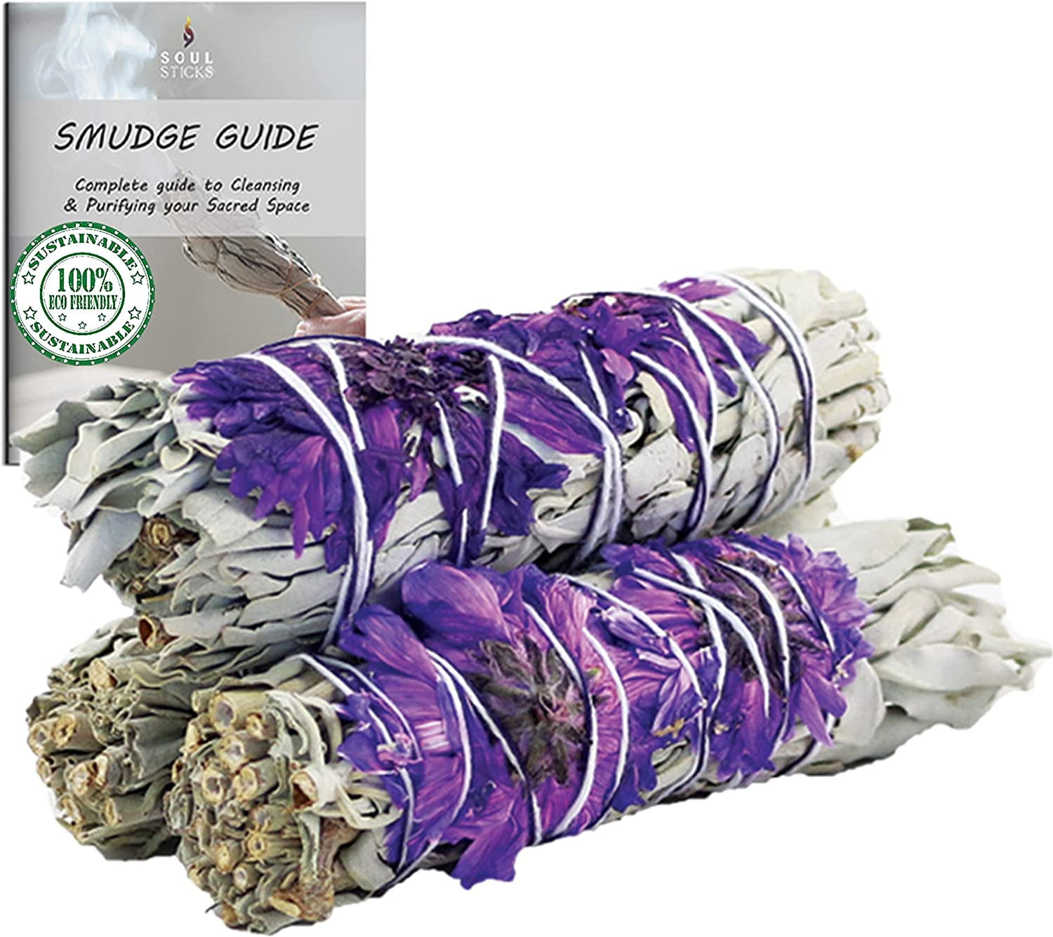 3 Pack Floral White Sage Smudge Sticks with Smudging Guide | PURPLE ...