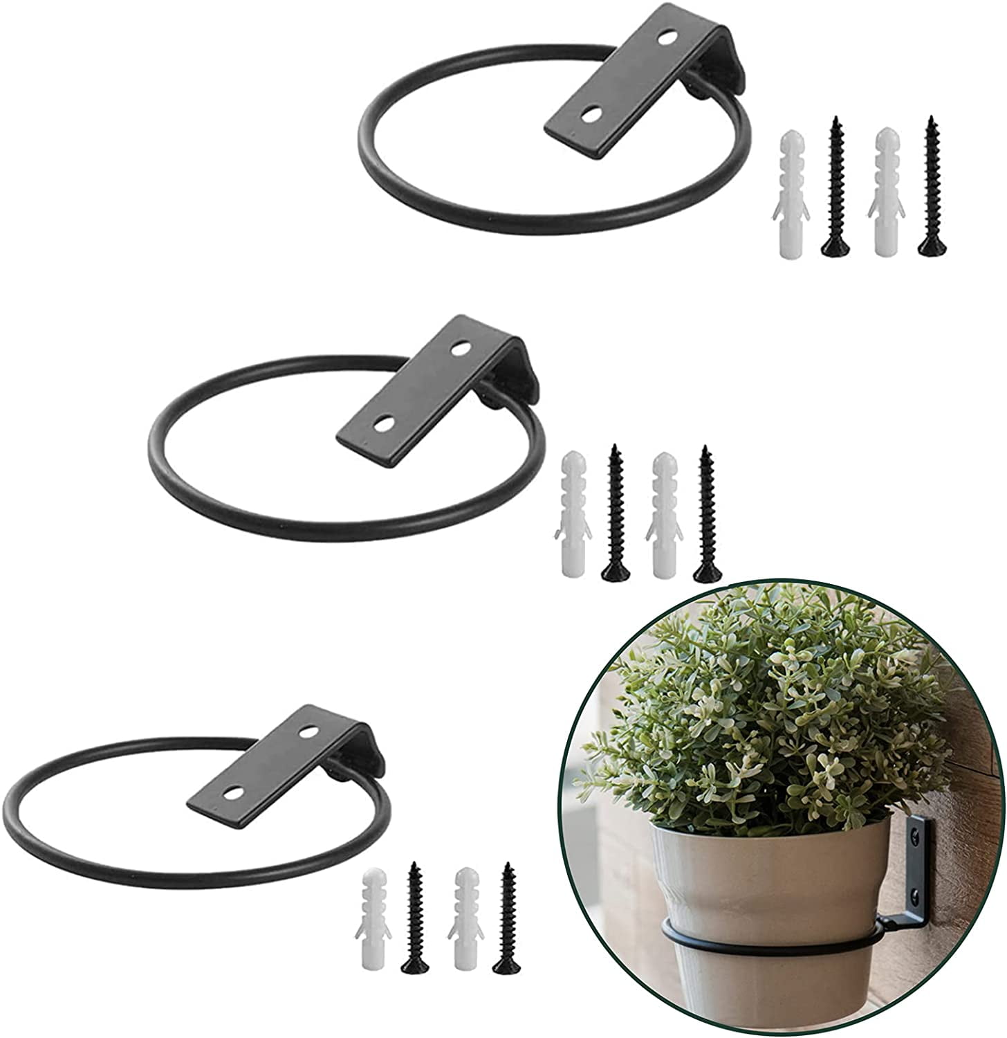 3 Pack Flower Pot Holder Ring Wall Mounted Set Metal Bracket Hook ...