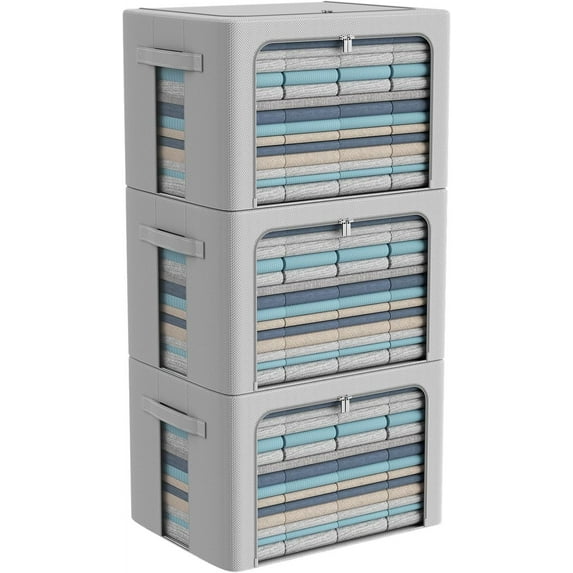 3-Pack Foldable Grey Storage Box Set with Clear Window and Carry ...