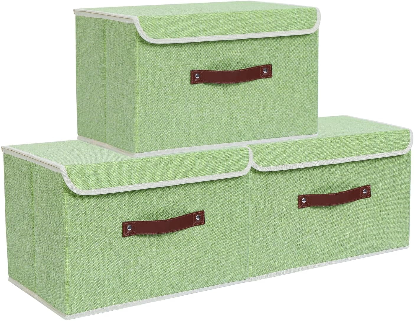 3-Pack Foldable Storage Bins with Lids, Linen Fabric Boxes Featuring PU ...